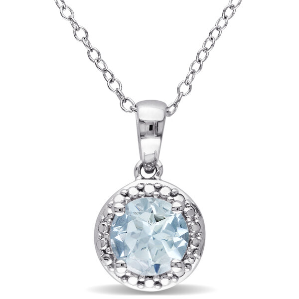 Gemstone Jewelry - Aquamarine Halo Pendant with Chain in Sterling ...