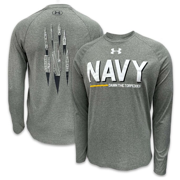 Navy Gear Navy Under Armour Damn the Torpedoes Ship Long Sleeve T Shirt Grey Military First Responder Discounts GOVX